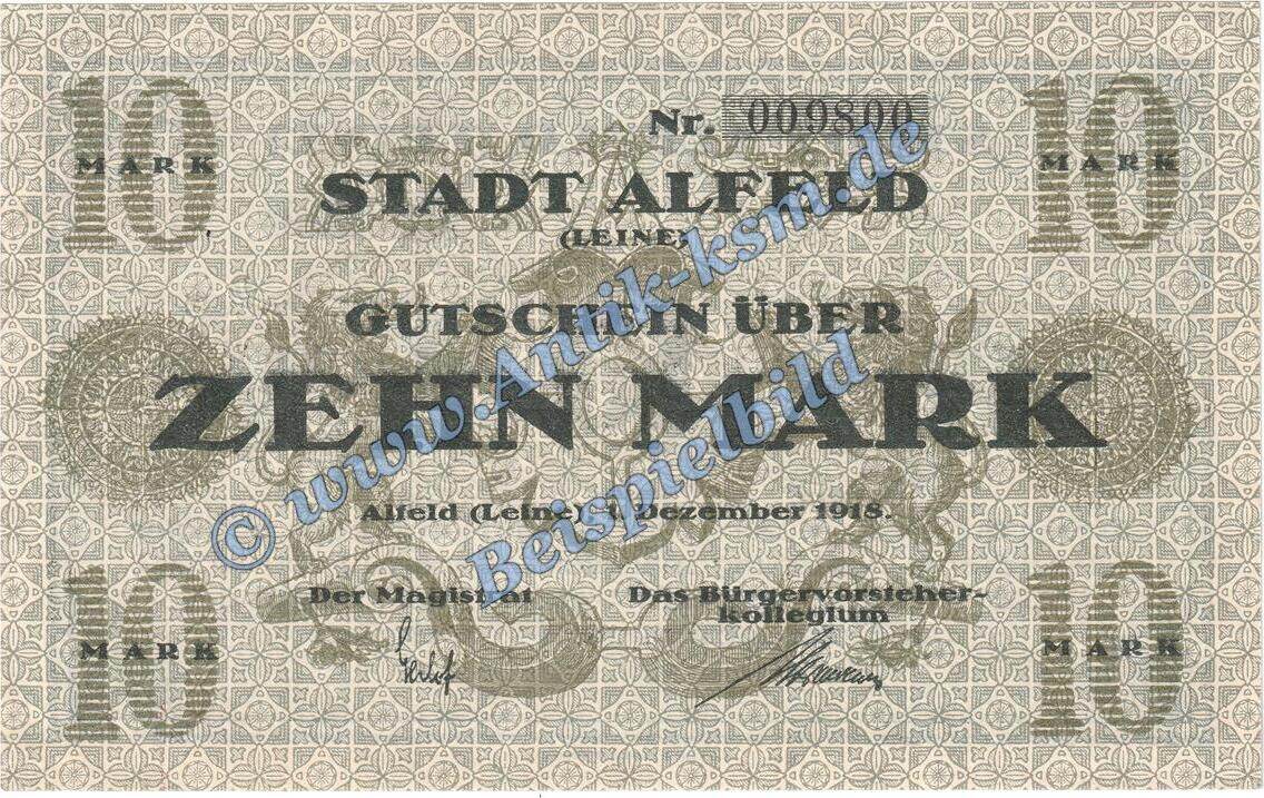 Großnotgeld De. 10 Mk. Alfeld, Banknote 10 Mark Schein in kfr.E, Geiger ...