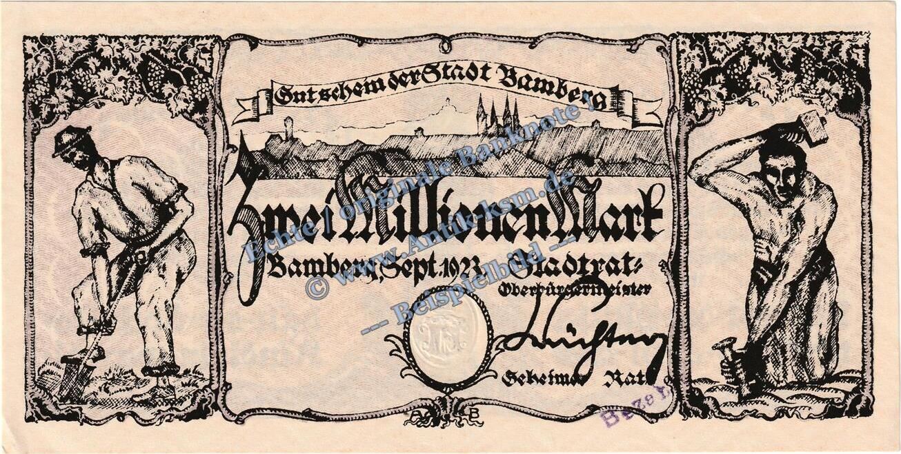 Inflation De. 2 Mio. Mk. -o.KN- 1923 Bamberg, Banknote 2 Millionen Mark ...