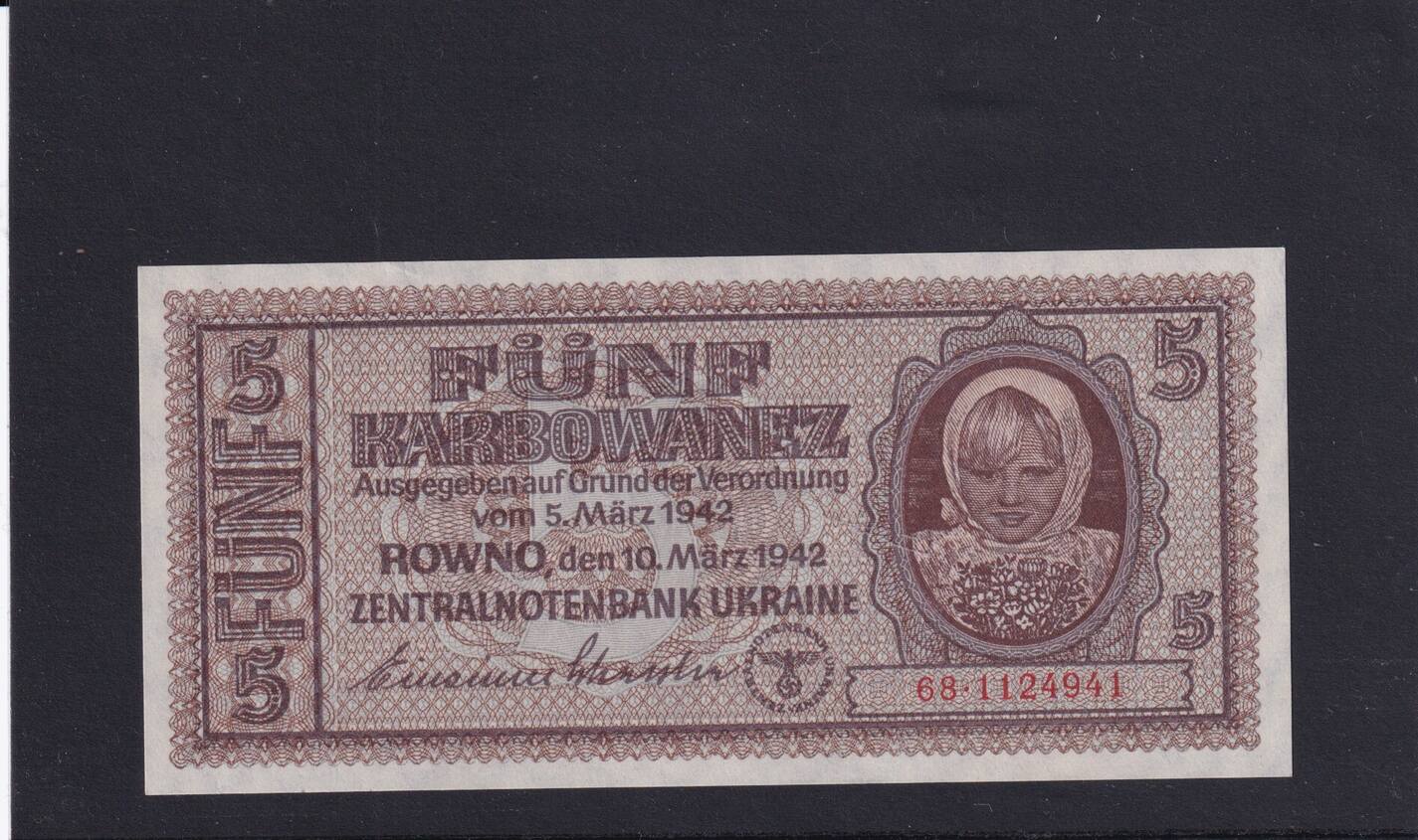 Drittes Reich, Ukraine, 5 Karbowanez, 1942 Ro.593, ZWK-49, Serie:68 ...