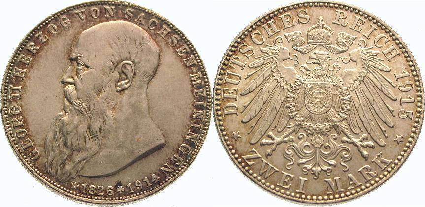 Sachsen-Meiningen 2 Mark 1915 Georg II. 1866-1914. FDC- | MA-Shops