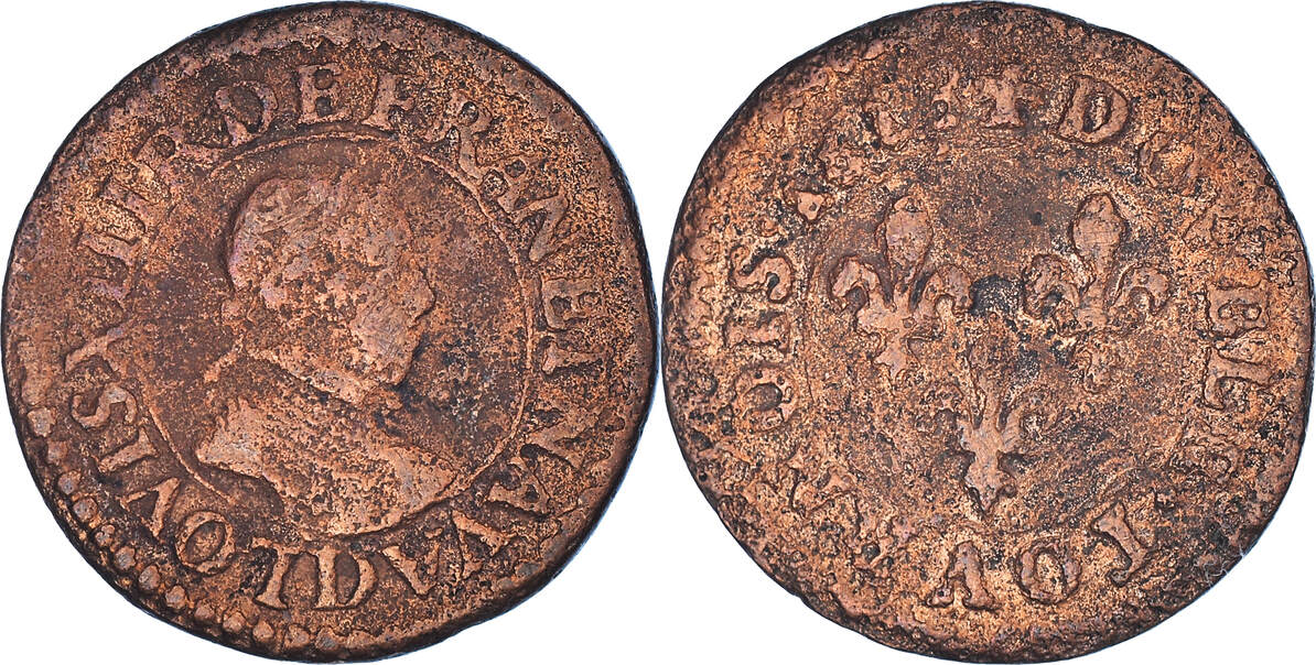 France Double Tournois 1618 Lyon Monnaie, Louis XIII, Lyon, Cuivre ...