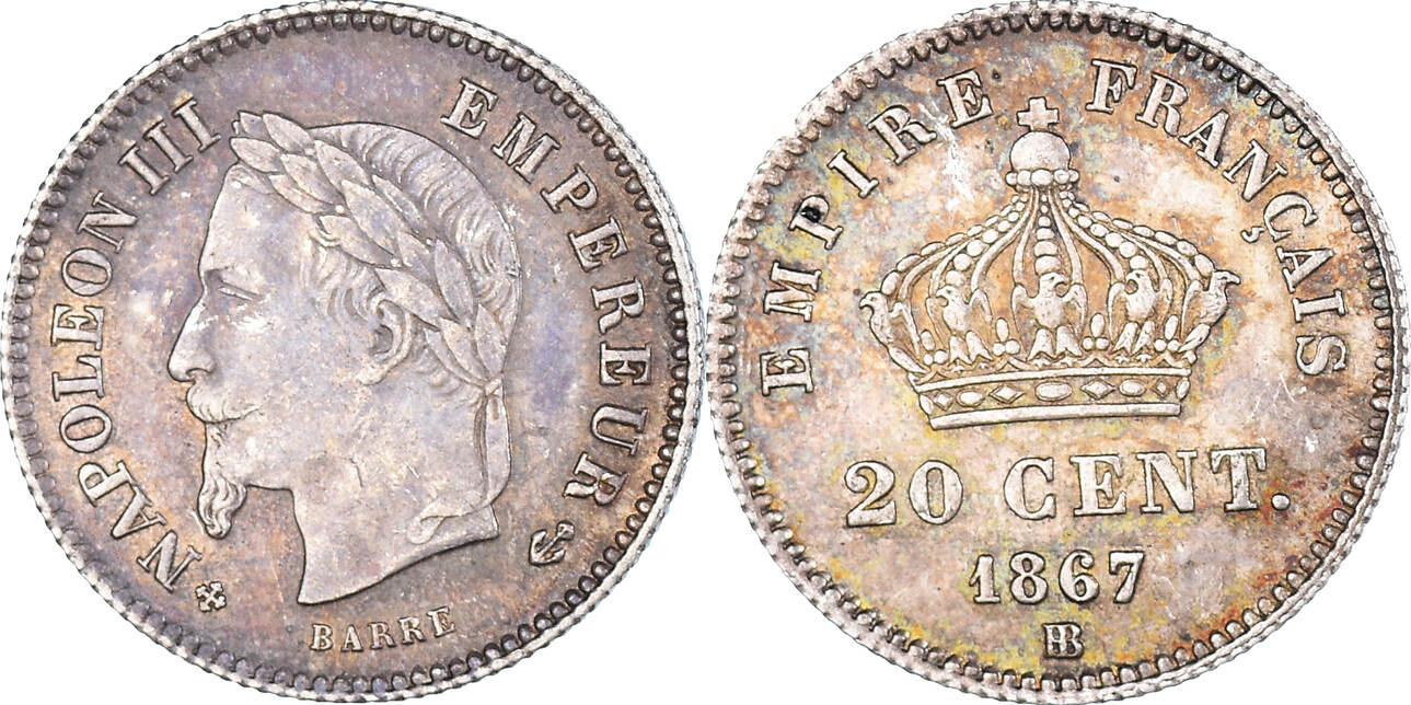 France 20 Centimes 1867 BB Monnaie, Napoleon III, Strasbourg, Argent SUP+ | MA-Shops