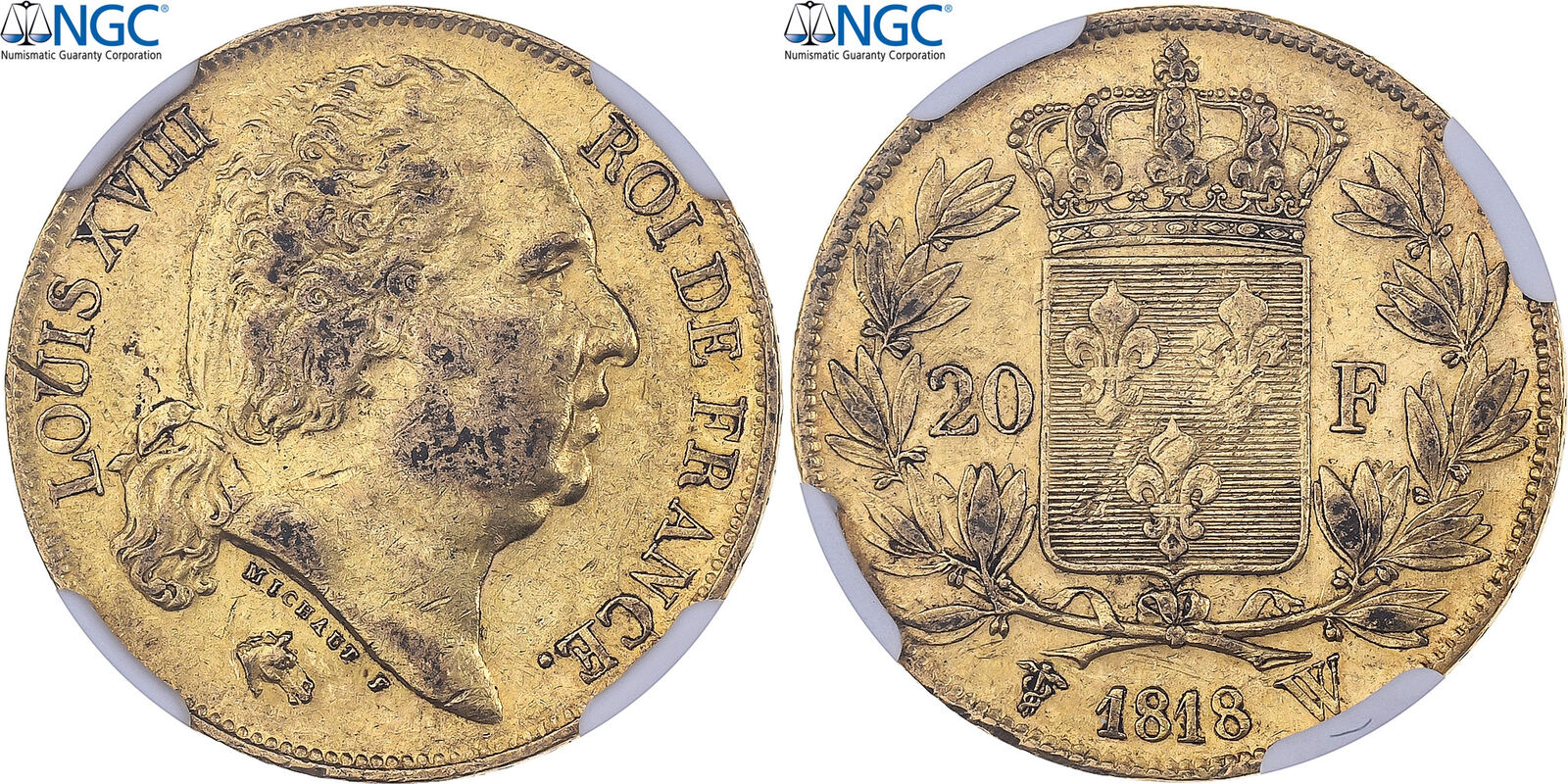 France 20 Francs 1818 Lille Louis XVIII, Lille, Or, NGC, Gadoury:1028 AU58 | MA-Shops