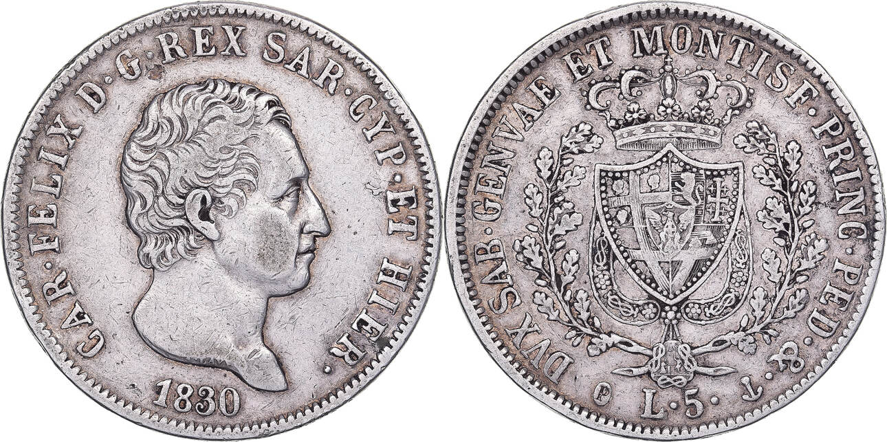 États italiens 5 Lire 1830 Genoa SARDINIA, Carlo Felice, Genoa, Argent ...