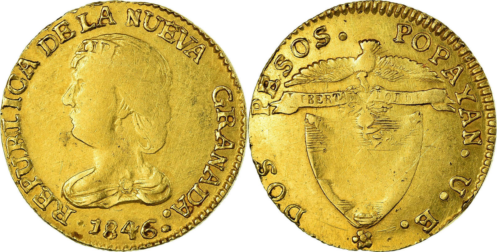 Colombie 2 Pesos 1846 Popayan Monnaie, Popayan, Or, KM:95 TB | MA-Shops