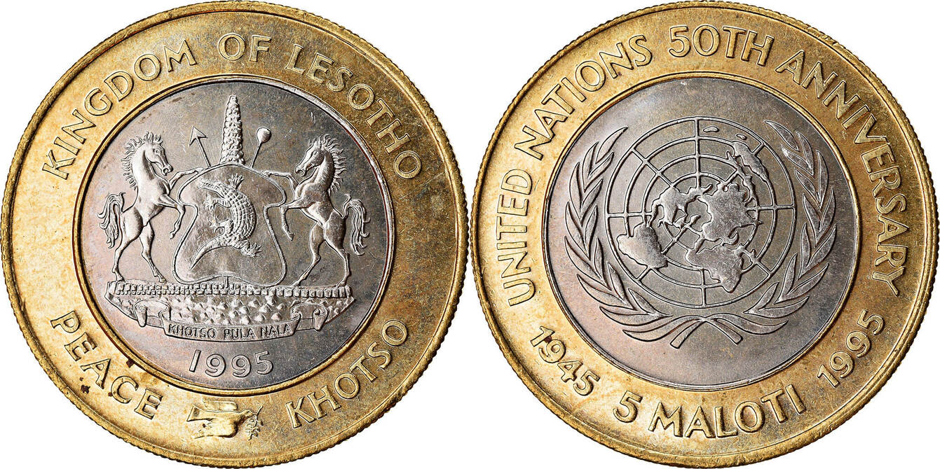Lesotho 5 Maloti 1995 Monnaie, Moshoeshoe II, 50ème anniversaire de l ...