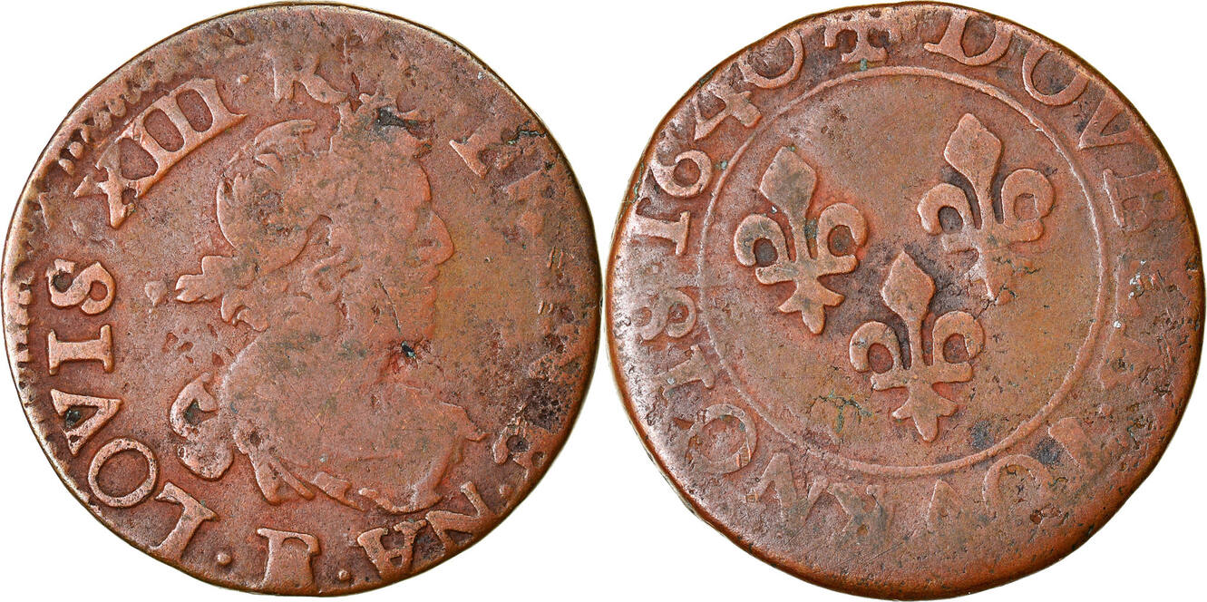France 1640 E Monnaie, Louis XIII, Double tournois, buste laurée et ...