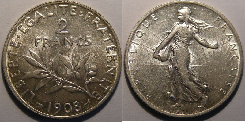 2 Francs 2 Francs 1908 Monnaie Française, Semeuse | MA-Shops