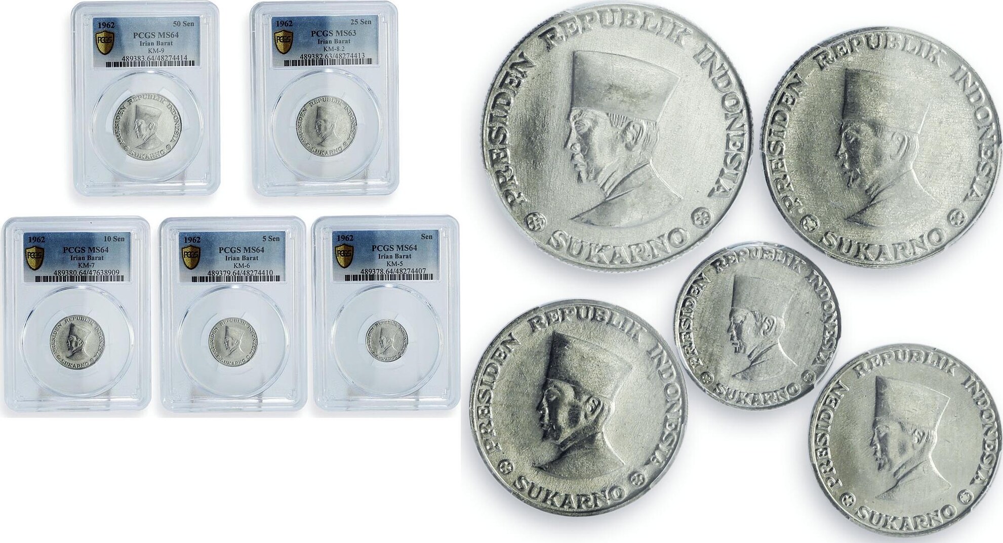 50 sen Indonesia Irian Barat set of 5 coins Sukarno MS63 MS64 PCGS aluminum coins 1962 SPL | MA ...