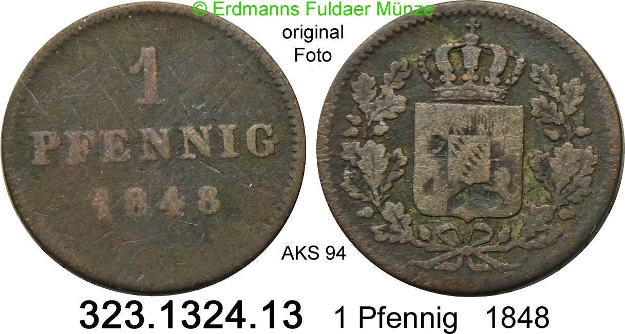 Altdeutschland Bayern 1 Pfennig 1848 AKS 94. 323.1324.13 -ss | MA-Shops