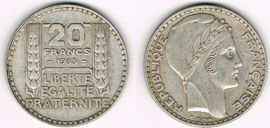 Frankreich 20 Francs france, 20 franc silver 1933, like scan TTB | MA-Shops