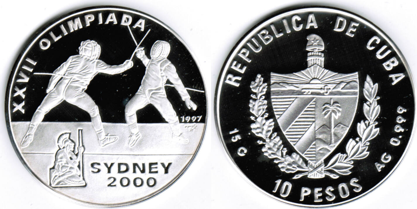 Kuba 10 Pesos 1997 Cuba, silver commemorative "sydney olympics 2000 - fencing" in capsule FB ...