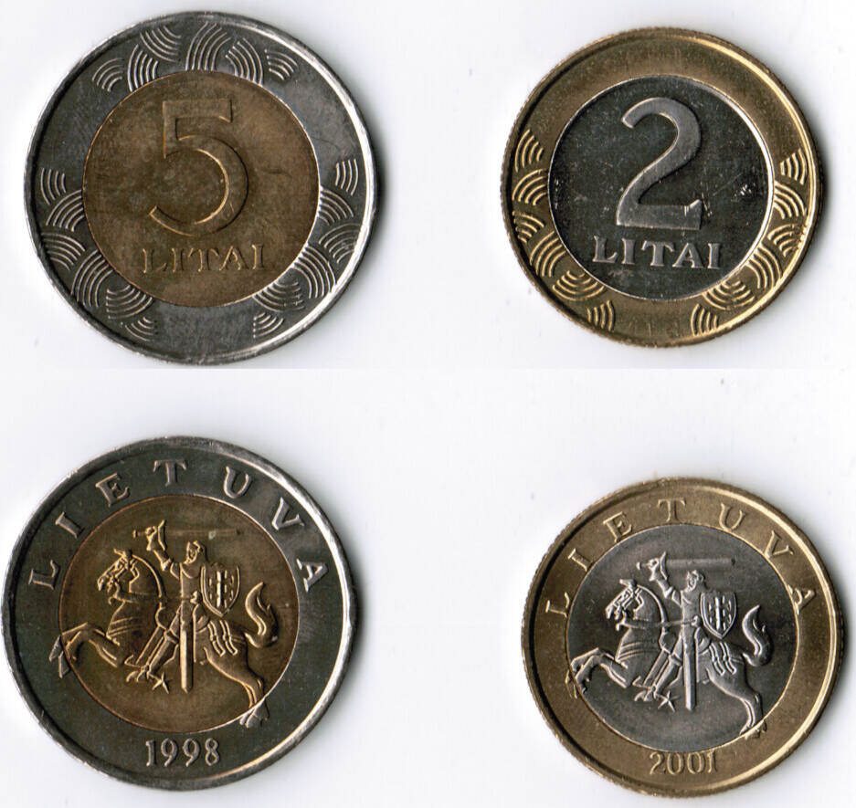 Litauen 2 + 5 Litai 1998 / 2001 lithuania, 2 Litai 2001 and 5 Litai ...