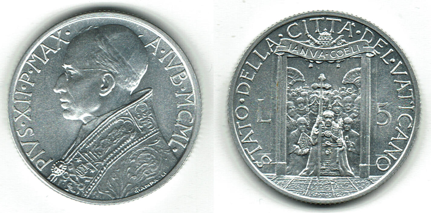 Vatikan, Pius XII., 1939-1958 5 Lire 1950, Erhaltung siehe Scan! SPL | MA-Shops