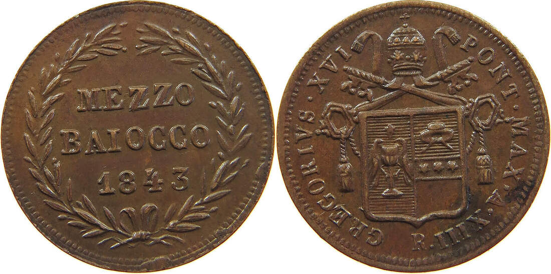 VATICAN MEZZO 1/2 BAIOCCO 1843 R GREGOR XVI. 1831-1846 TTB | MA-Shops