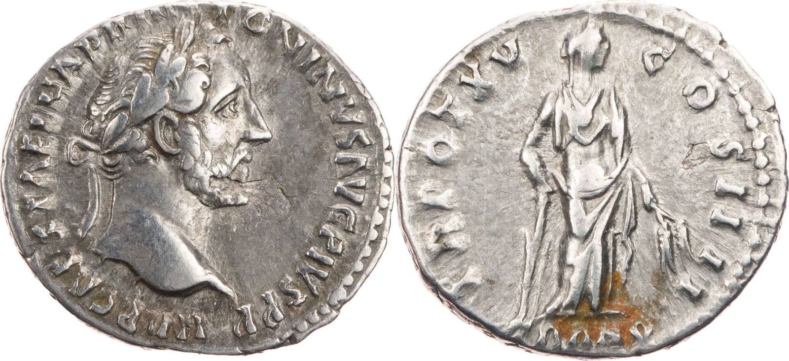 Römische Kaiserzeit Denar 151-152 n. Chr. Antoninus Pius, Kopf / TRANQ, Tranquillitas mit Ruder ...