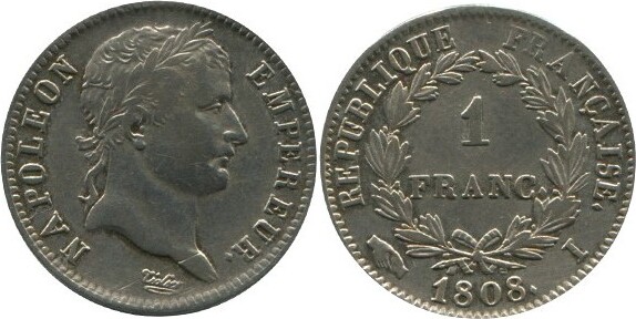 1808 1 Franc Napoléon Ier Tête Laurée Revers République TB+ / TTB | MA ...