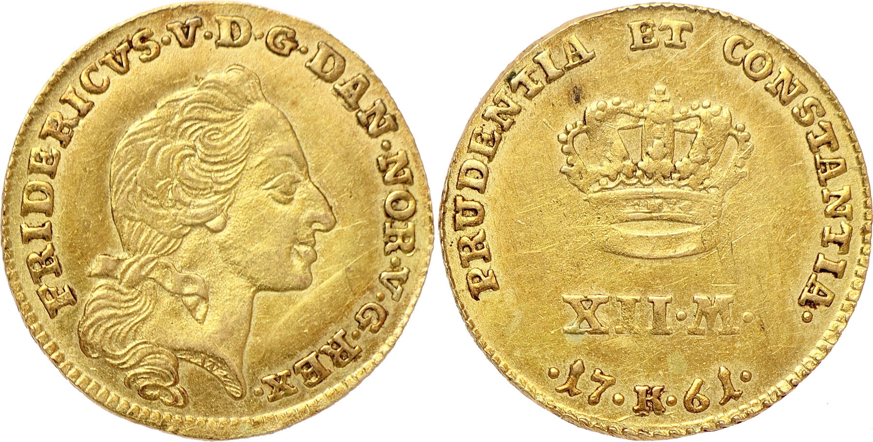 DENMARK 12 Mark (Courant Ducat) 1761 K Frederick V - Copenhagen Mint ...