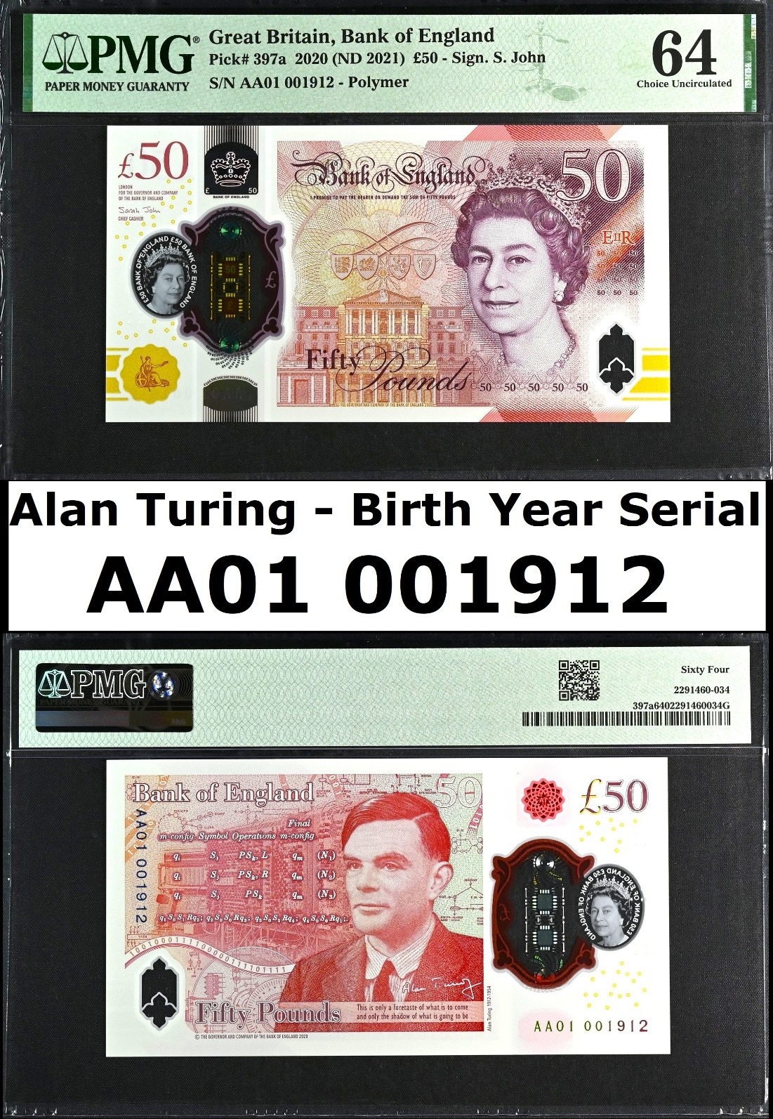 Great Britain 50 Pound 2020 ALAN TURING Birth # AA01 001912 P-397a CH ...
