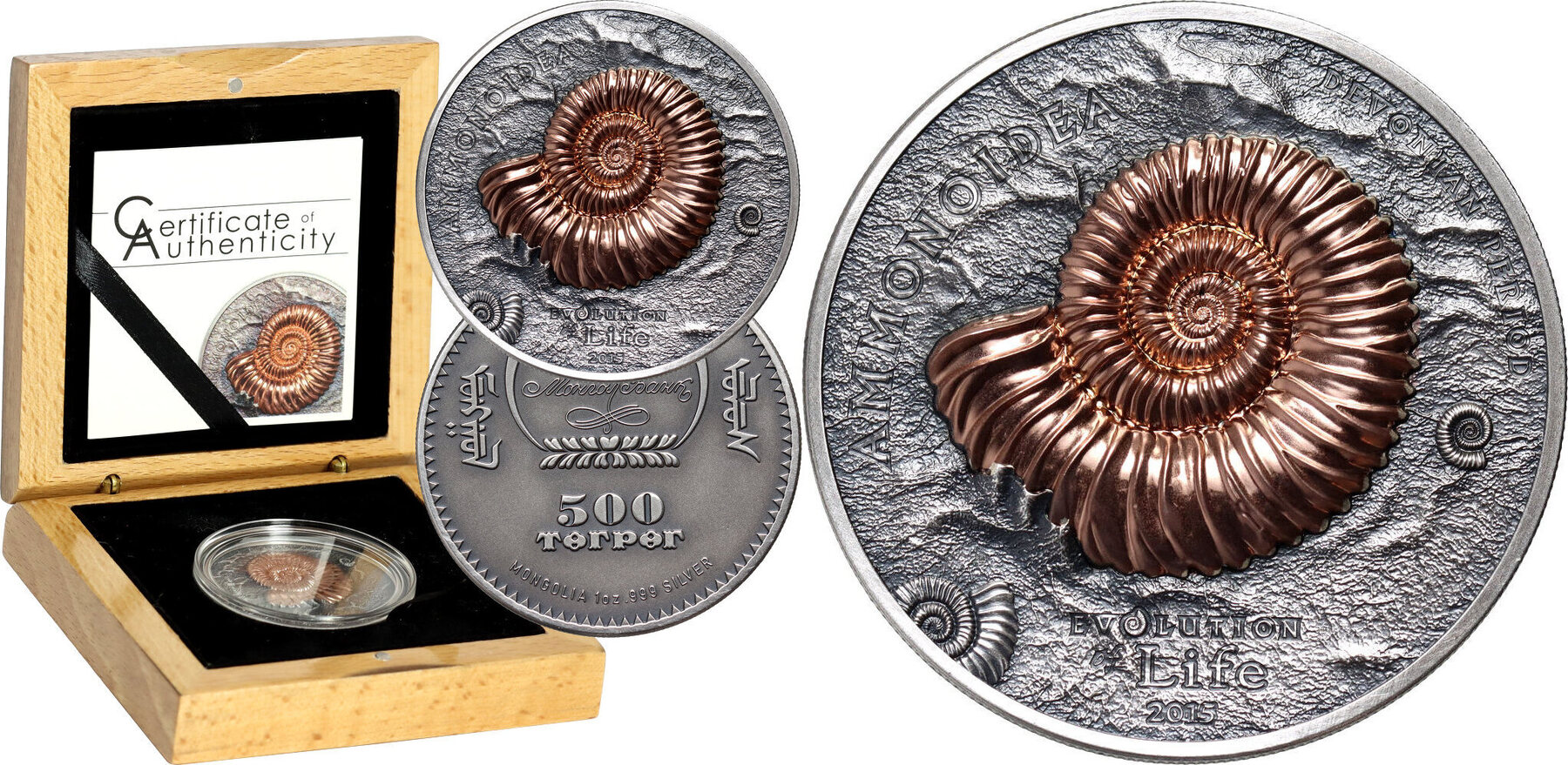 MONGOLIA 500 Tögrög 2015 Ammonite, Series: Evolution of Life, 1 Oz ...