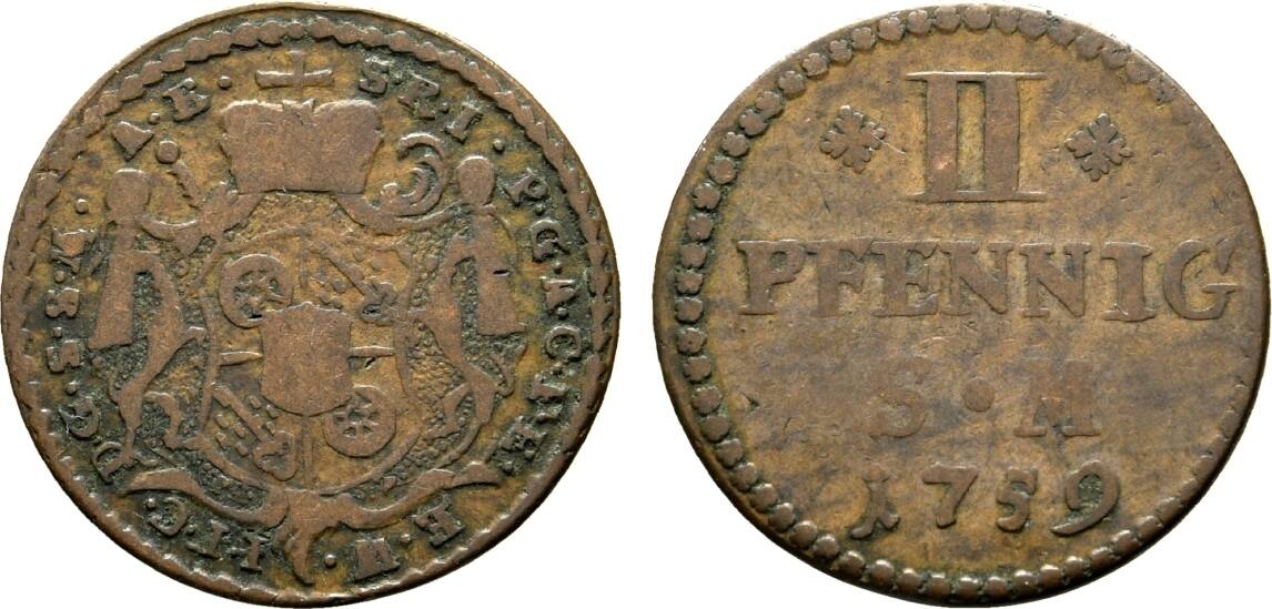 Mainz, Erzbistum Cu 2 Pfennig 1759 Erfurt Johann Friedrich Karl Graf ...