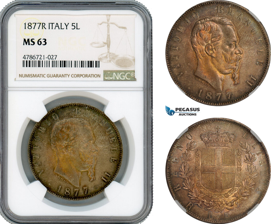 Italy 5 Lire 1877 Vittorio Emanuele II NGC MS63 | MA-Shops