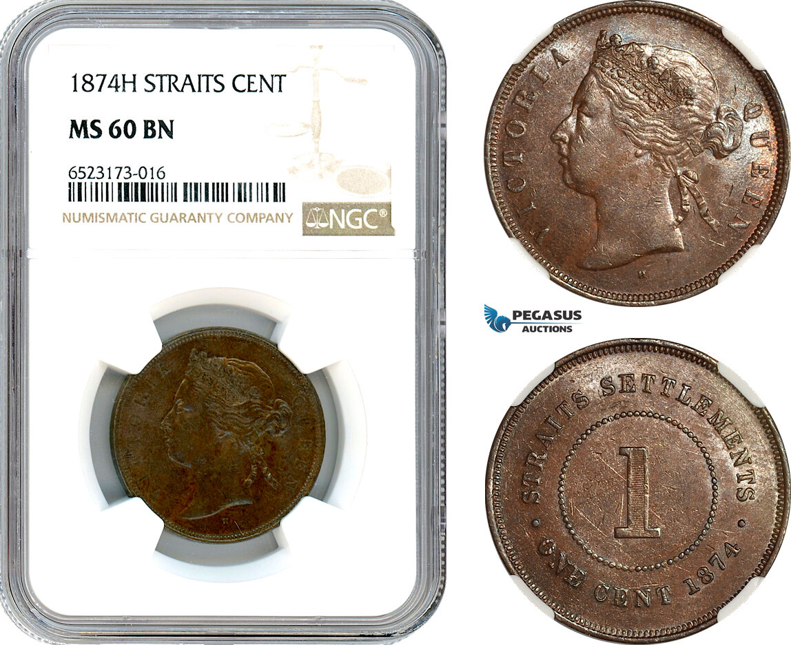Straits Settlements 1 Cent 1874 NGC MS60BN | MA-Shops