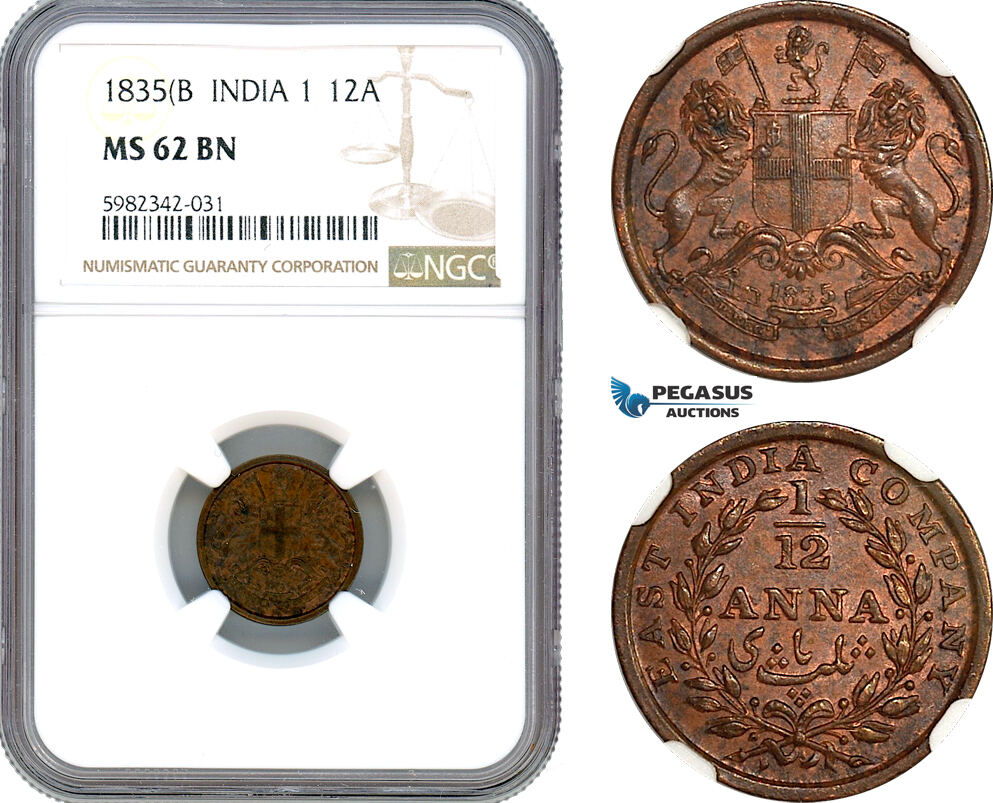 India, East India Company 1/12 Anna 1835 NGC MS62BN | MA-Shops