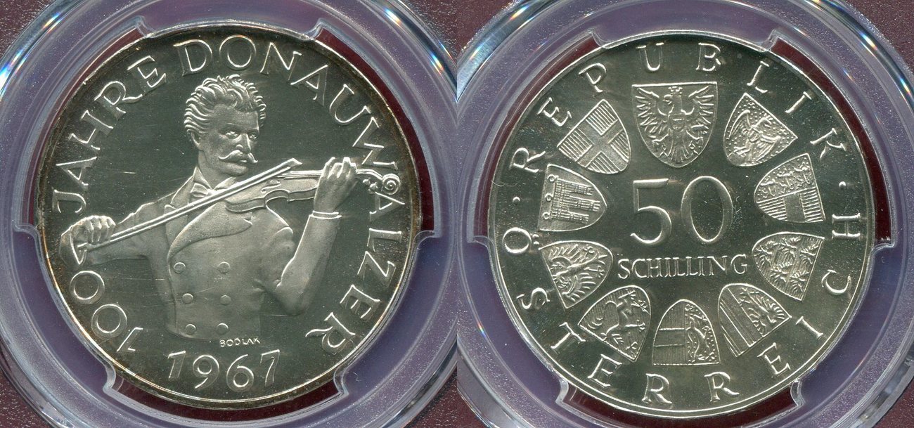 Österreich, Austria 50 Schilling Silber 1967 100 Jahre Donauwalzer Blaue Danube PCGS PR 67 CAM ...