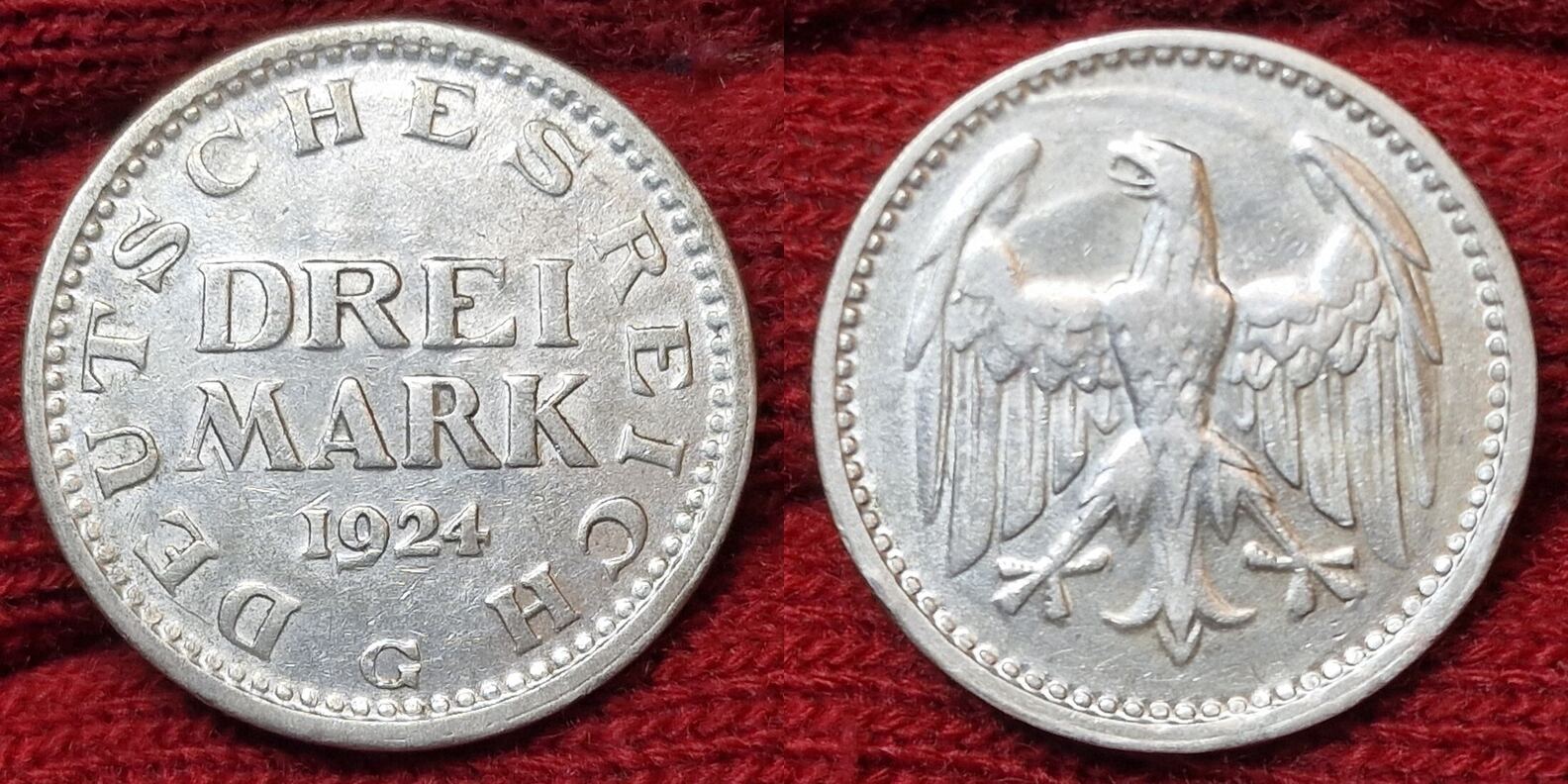Weimarer Republik Deutsches Reich 3 Mark Silber Kursmünze 1924 G Kursmünze Silber Drei ...
