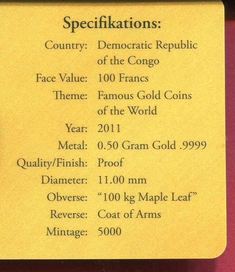 DR Kongo 100 Francs Minigoldmünze 2011 Berühmte Goldmünzen der Welt ...