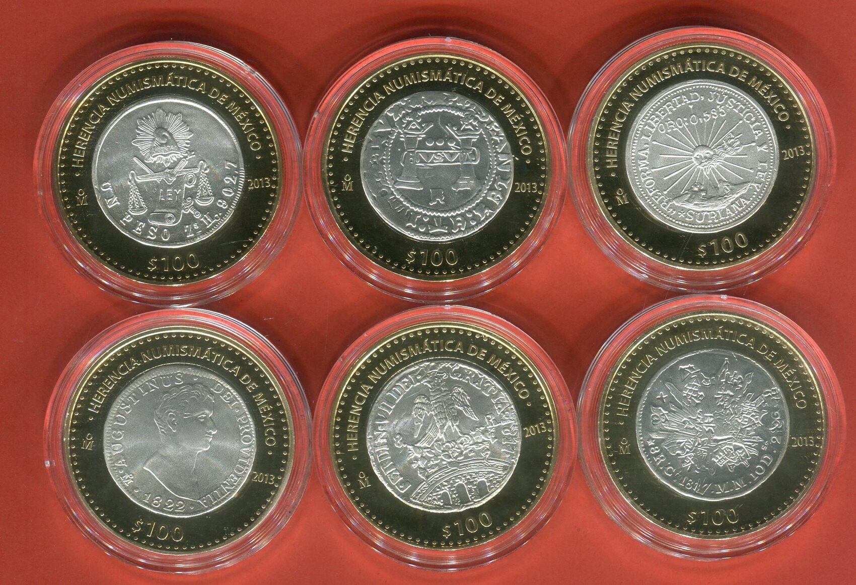 Mexico, Mexiko 6 x 100 Pesos Bimetall Bimetallic 2013 Numismatisches ...