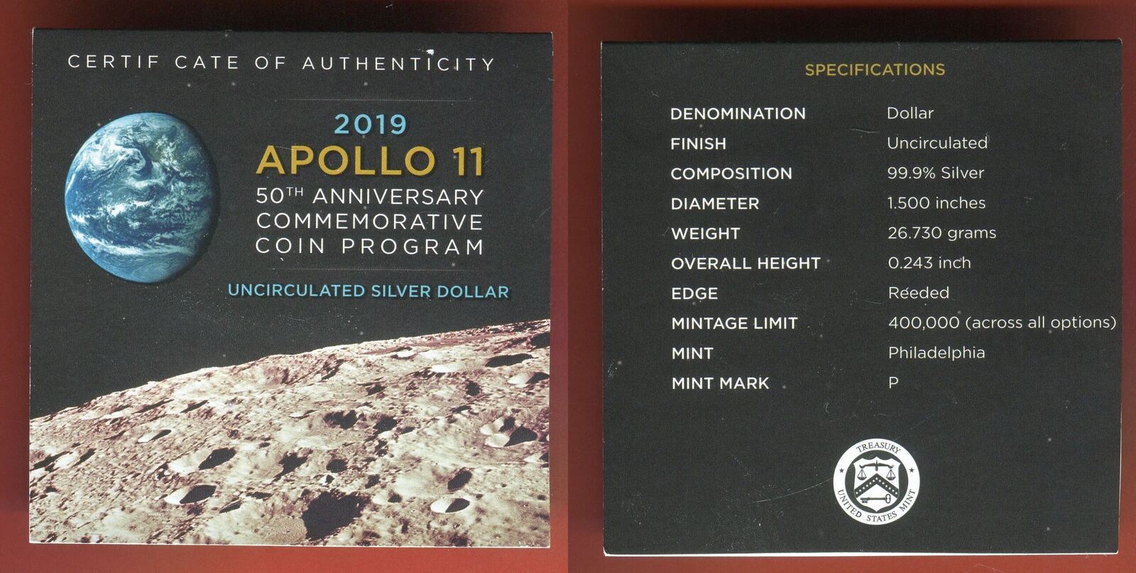 USA 1 Dollar Silbermünze konkav 2019 Apollo 11 - 50th Anniversary Commemorative Coin Program ...