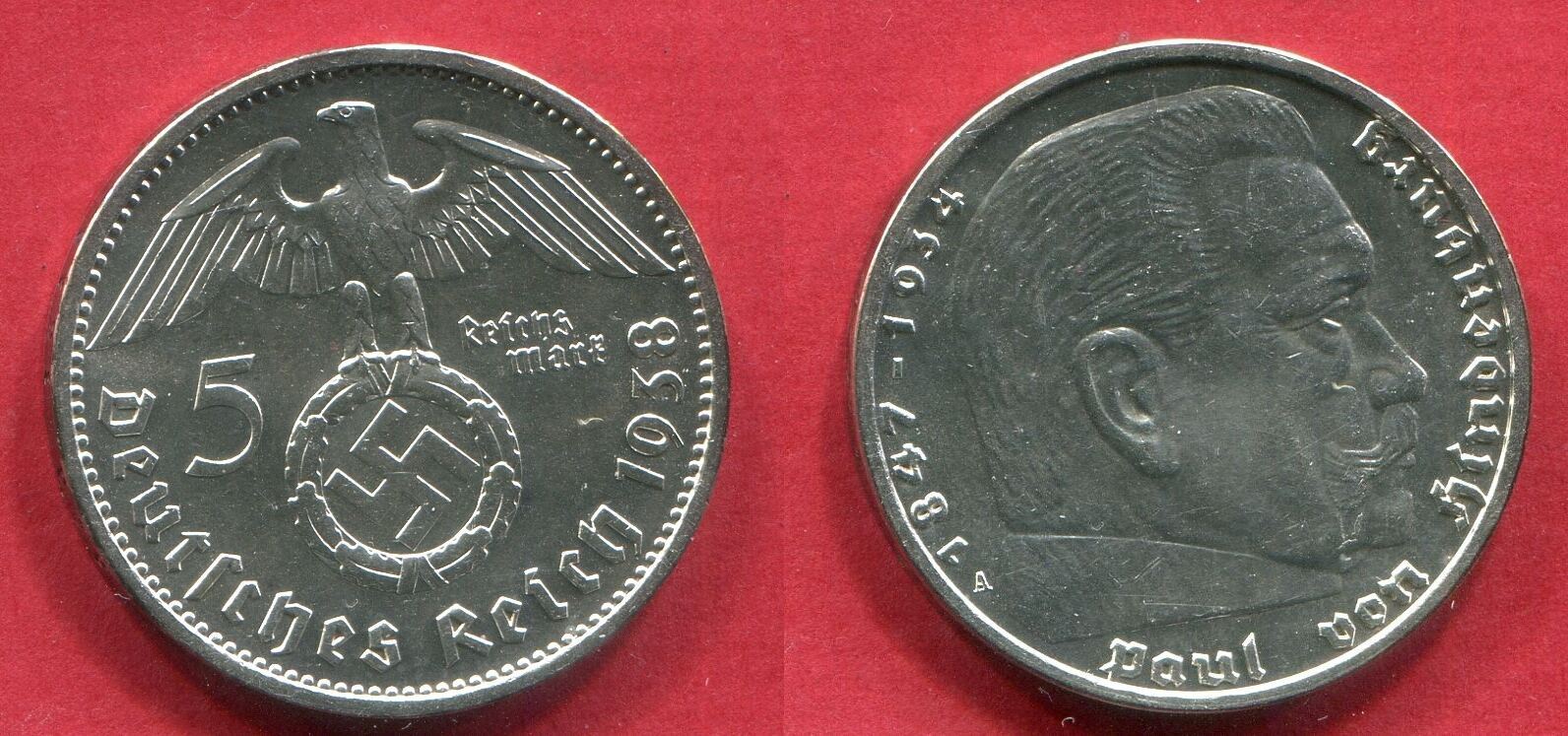 Germany Deutschland 1933-1945 5 Mark Reichsmark 1938 A Hindenburg mit ...