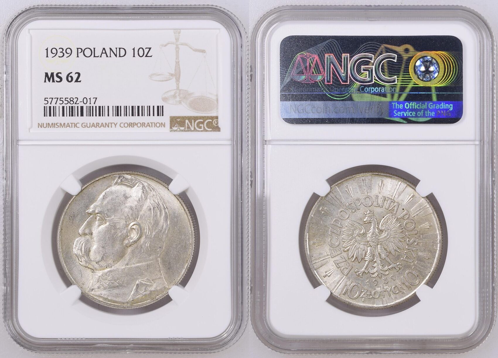 POLAND Polen 10 Zloty Silber 1939 Pilsudski mit Video NGC MS 62 | MA-Shops