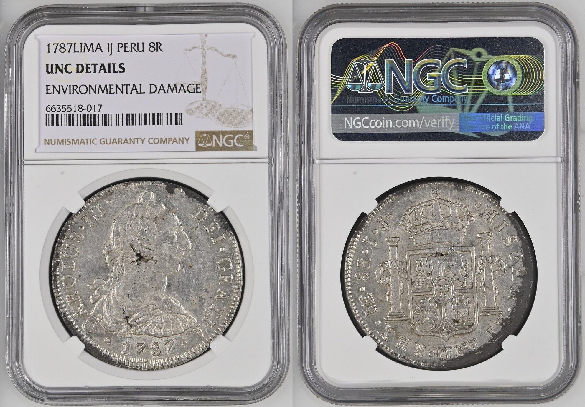 PERU 8 Reales 1787 LIMA IJ Carolus Carlos Charles III. Better Mintmark IJ NGC UNC Details | MA-Shops