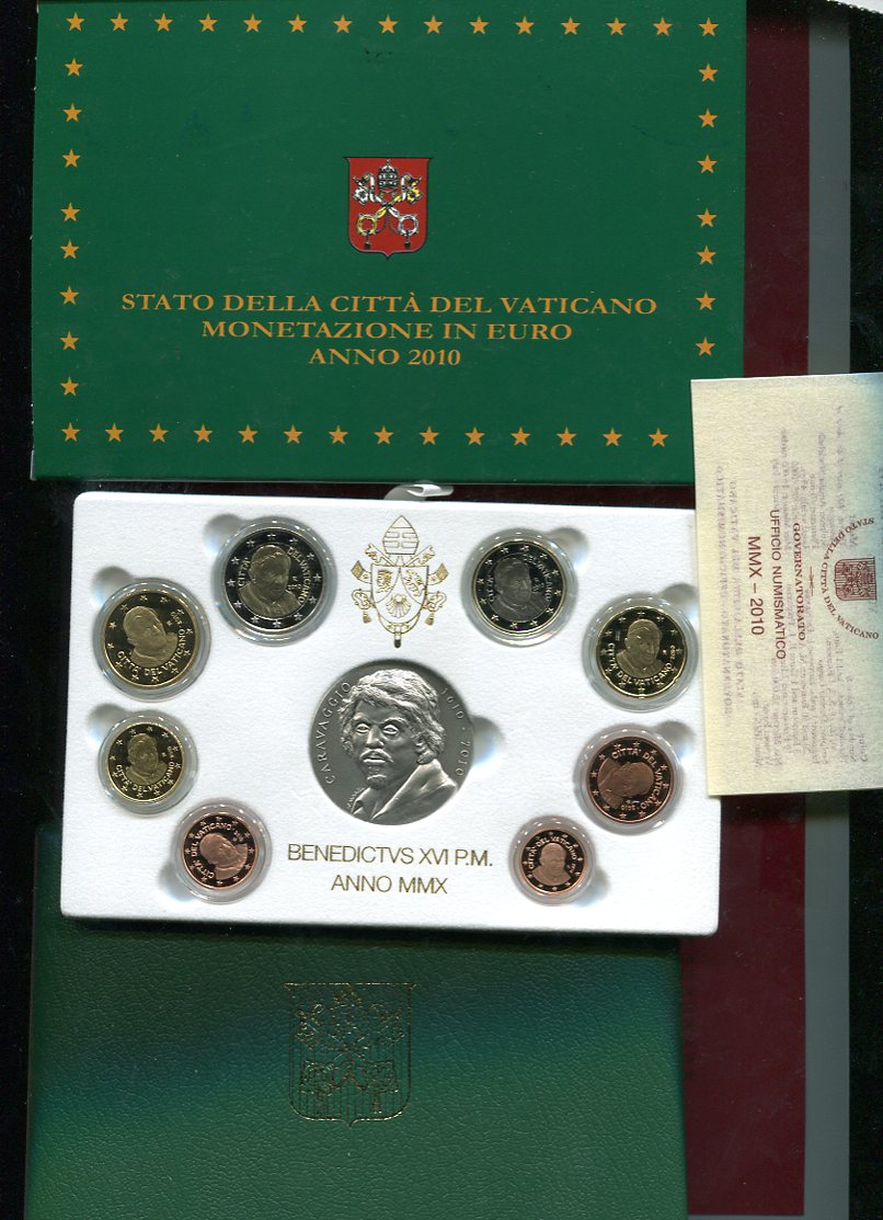 Vatikan 1 Cent bis 2 Euro, 8 Münzen 2010 Kursmünzensatz mit Silbermedaille - Papst Benedikt XVI ...