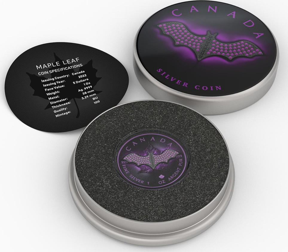 5 Dollars PURPLE BAT Bejeweled Maple Leaf 1 Oz Silver Coin 5$ Canada ...