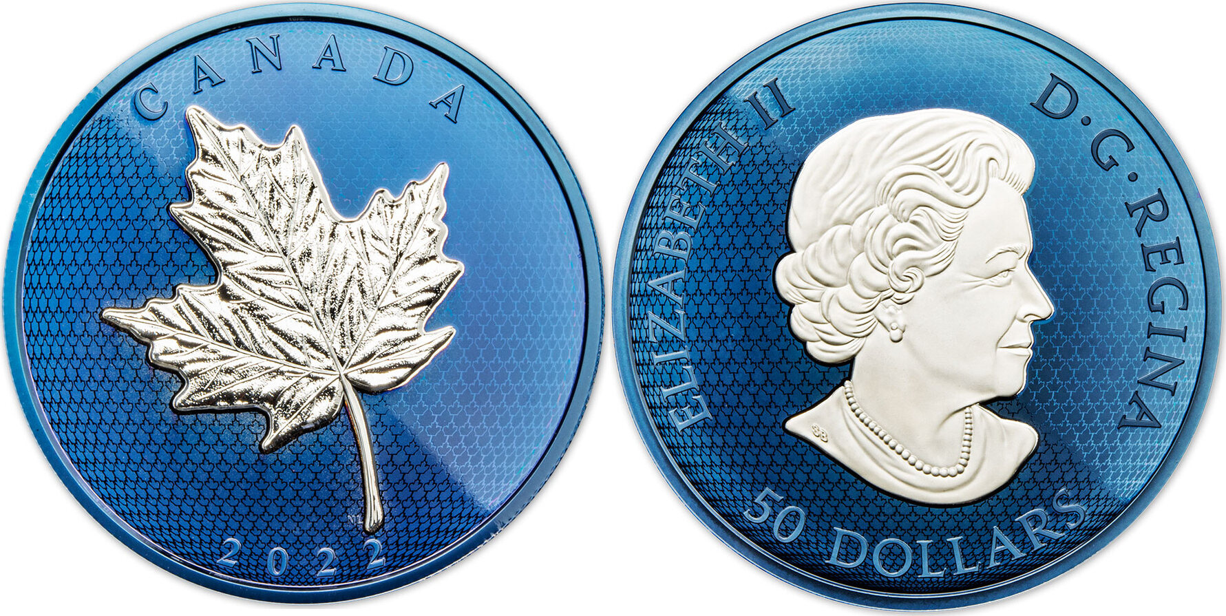 50 Dollars MAPLE LEAF Blue Rhodium 5 Oz Silver Coin 50$ Canada 2022 FB ...