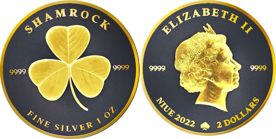 2 Dollars SHAMROCK Black Ruthenium Gilded 1 Oz Silver Coin 2$ Niue 2022 ...
