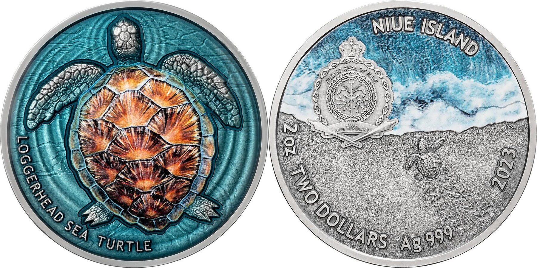 2 Dollars LOGGERHEAD SEA TURTLE Lifelong Journey 2 Oz Silver Coin 2 ...