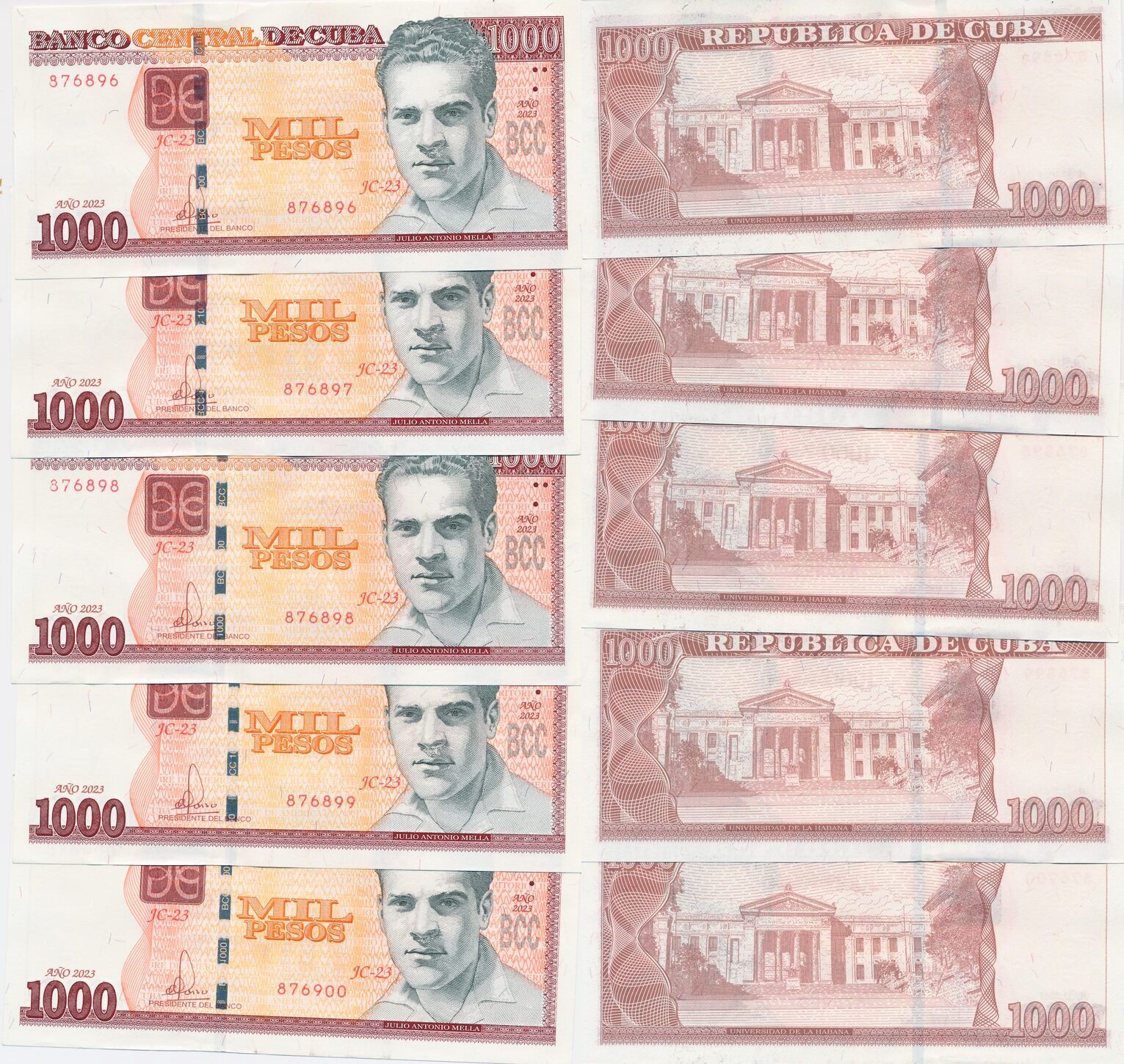 Kuba 5x 1000 Pesos 2023 5x folgende Serien Nummer, Julio Antonio Mella ...