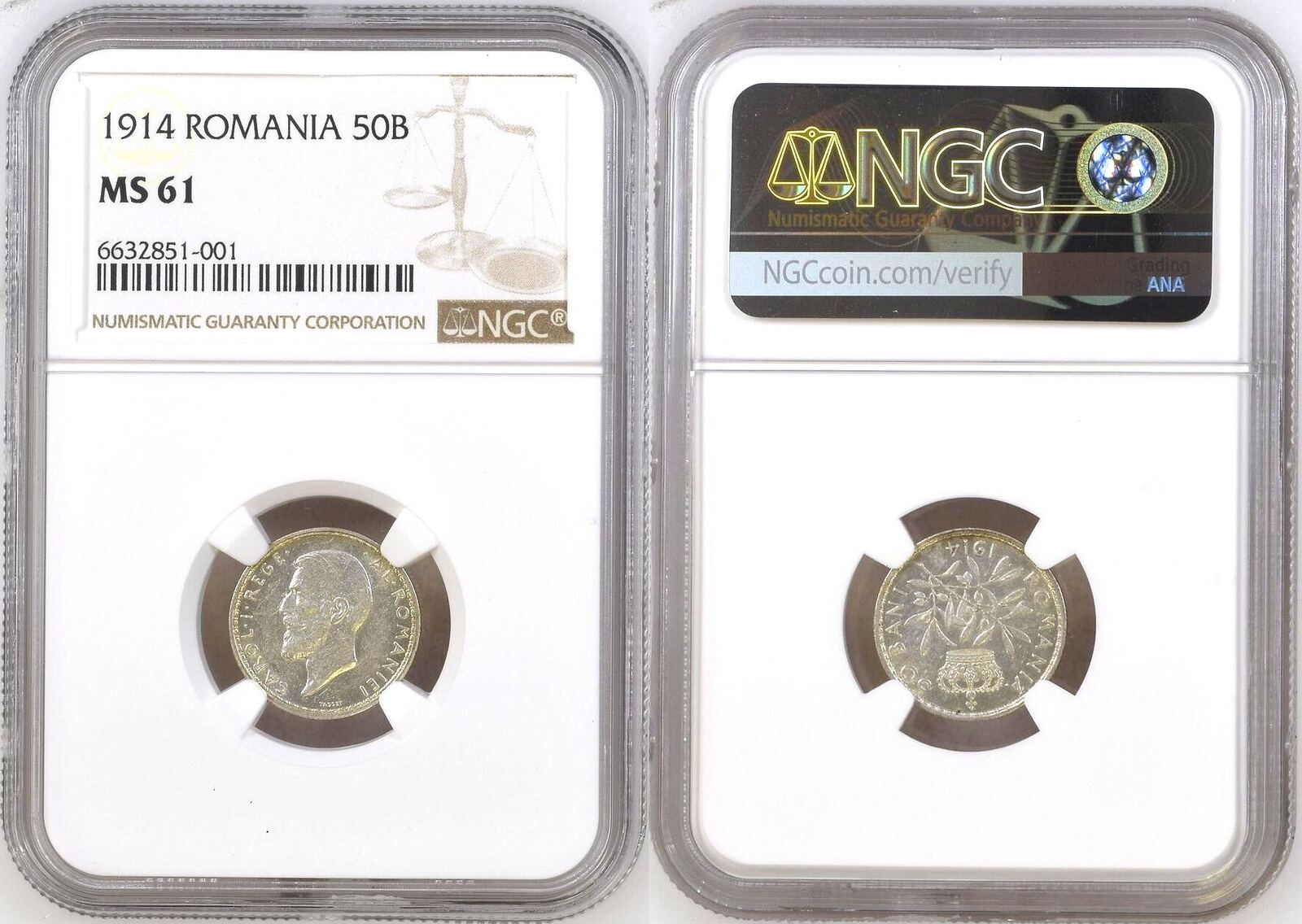 50B ROMANIA. 50 Bani 1914, Carol I, silver, NGC MS 61 | MA-Shops