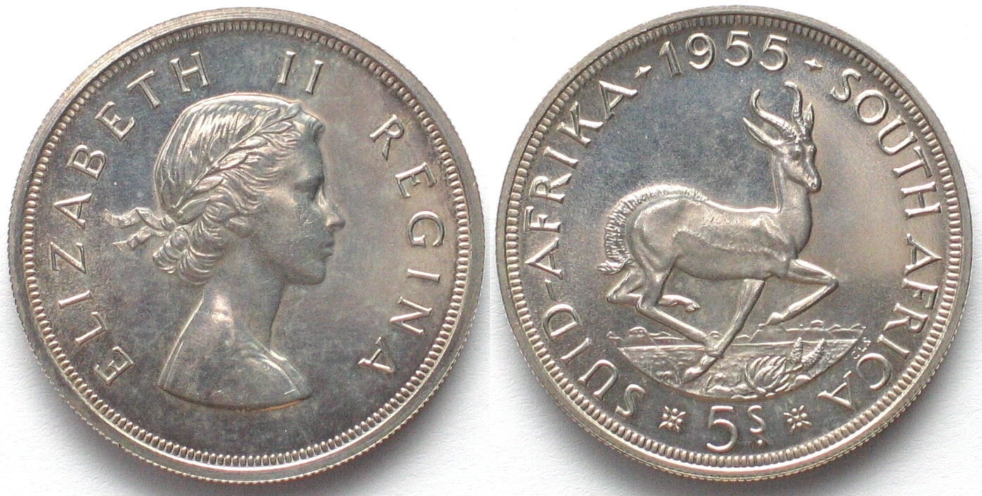 Südafrika SOUTH AFRICA 5 Shillings 1955 Springbok ELIZABETH II silver ...