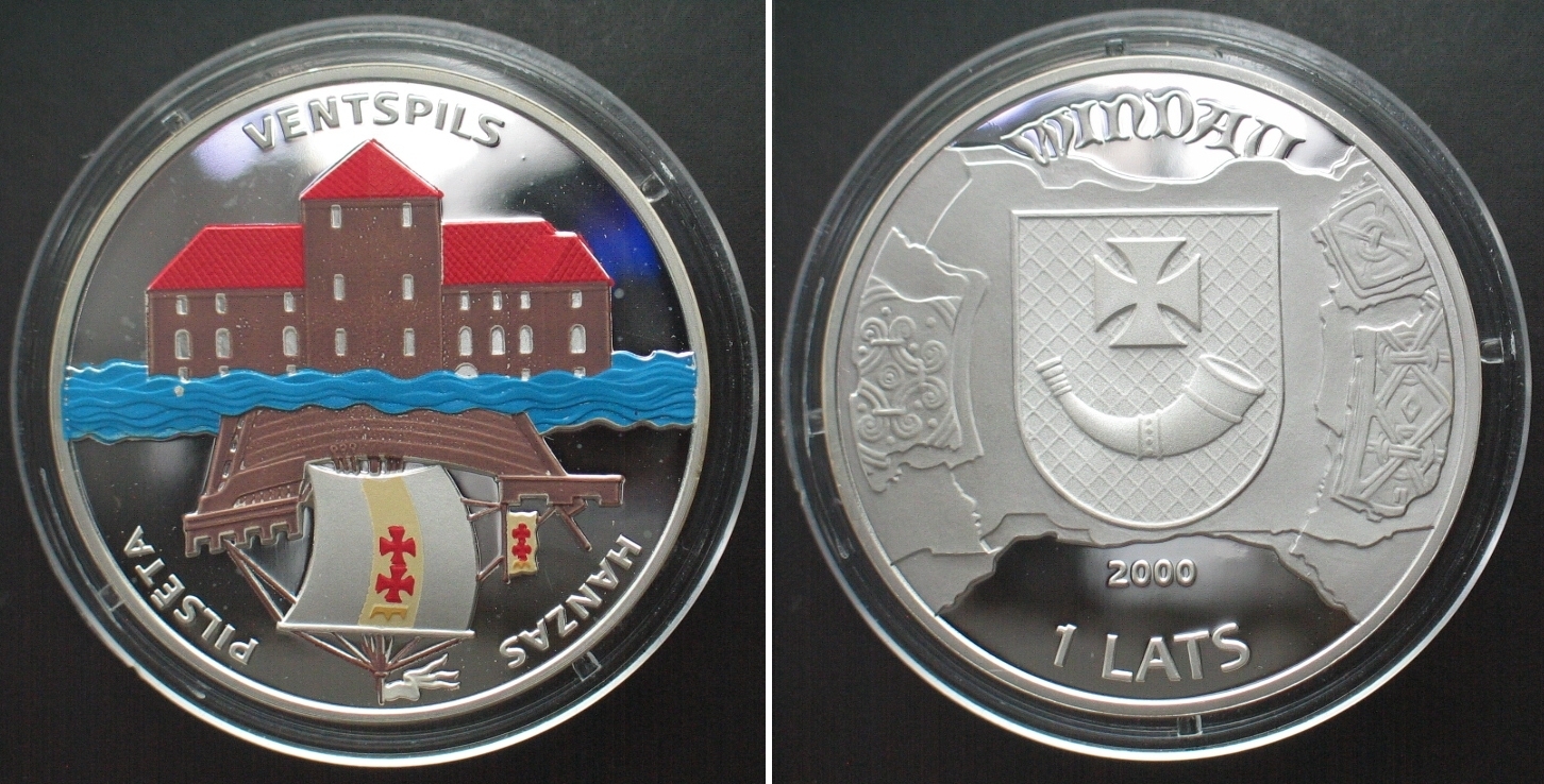 Lettland LATVIA 1 Lats 2000 Ventspils HANSA CITIES silver COLORED Proof ...