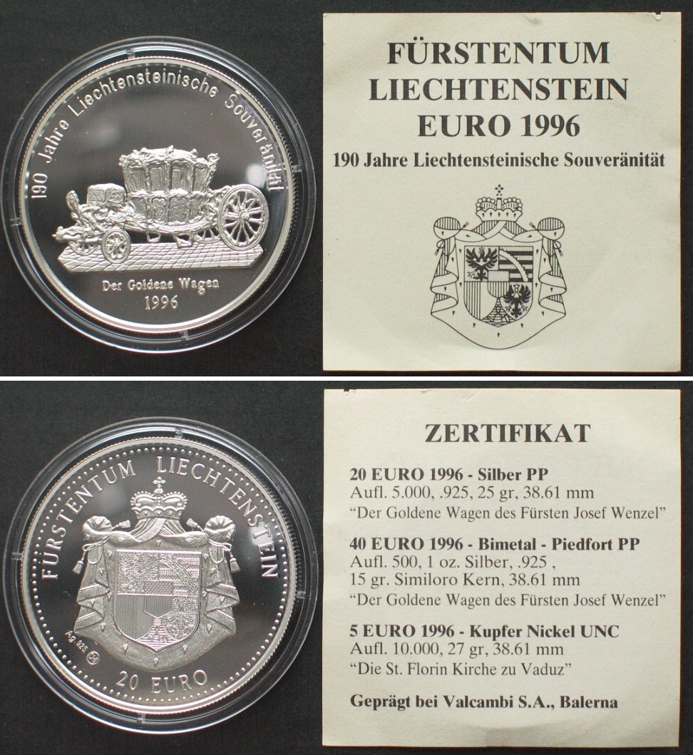 LIECHTENSTEIN 20 Euro 1996 The Golden Car SOVEREGNITY silver Proof FB ...