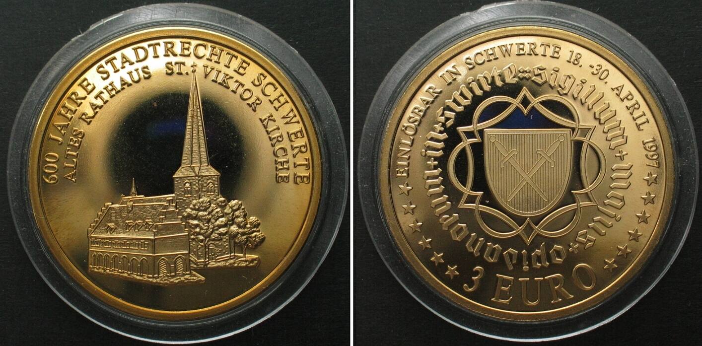 Germany SCHWERTE 3 Euro 1997, 600th Town Anniversary, tombak 40mm ...