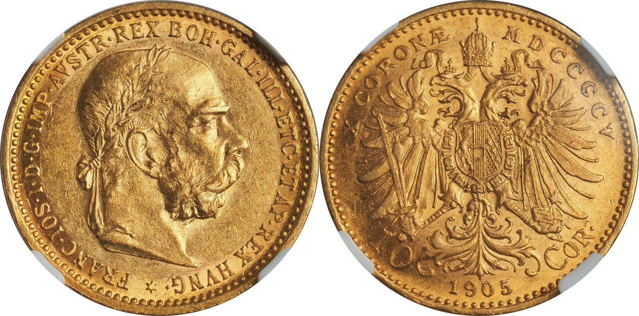 AUSTRIA 1905 Franz Josef I. Gold 10 Corona Coin. NGC AU 58 | MA-Shops