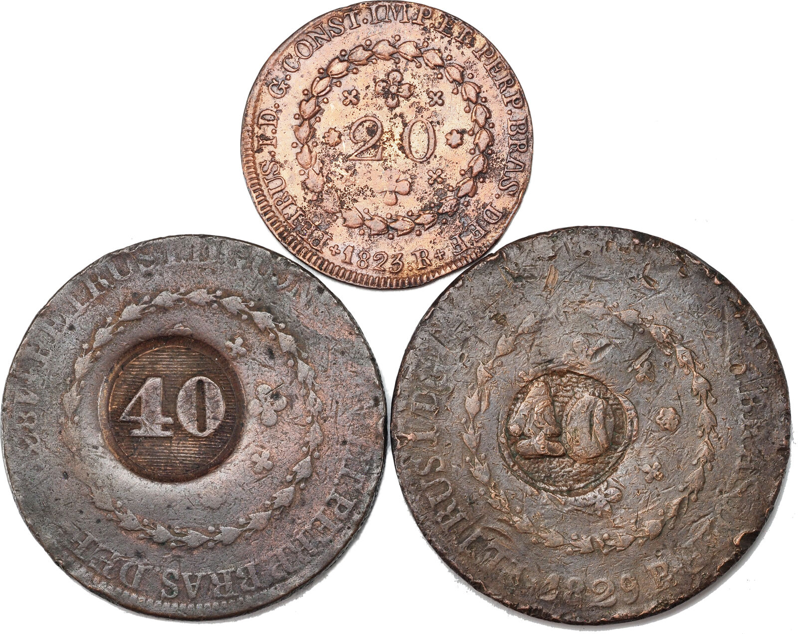 BRAZIL 20 $ 40 Reis (3pcs) 1823-1835 Pedro I. Copper 20 Reis + 40 Reis ...