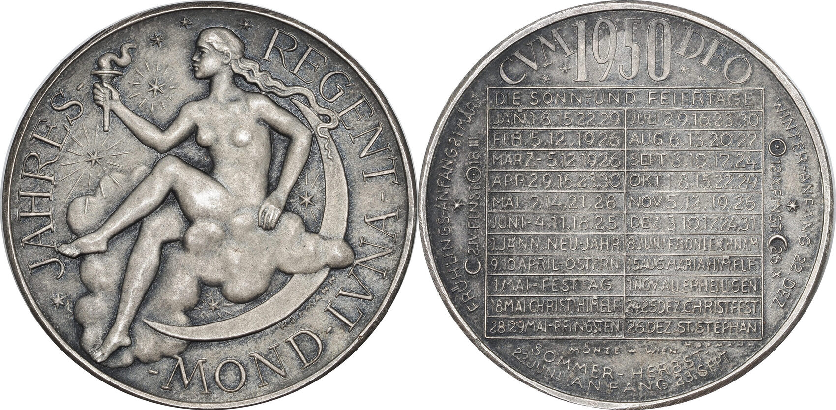 AUSTRIA Calendar Medal (Kalendermedaille) 1950 Annual Regent: Moon ...